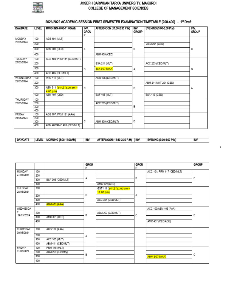 JOSTUM 2021/2022 Exam Timetable | PDF | Academia | Educational Institutions