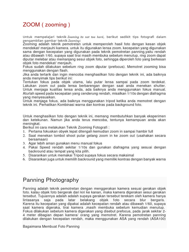 Teknik Zooming dan Panning dalam Fotografi | PDF | Komputer