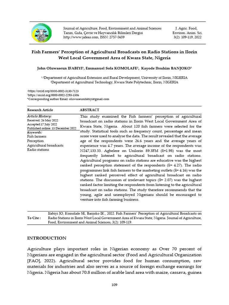 Fish Farmers' Perception of Agricultural Broadcasts On Radio Stations in Ilorin West Local ...