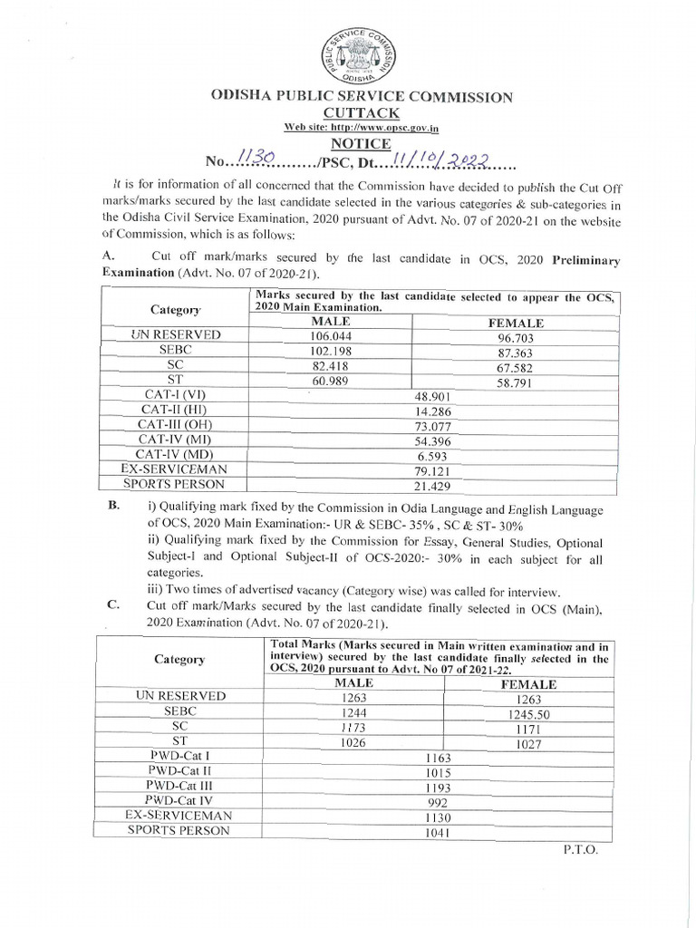 OCS Cutoff Answerkey | PDF