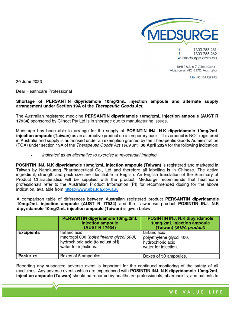 Dear HCP Letter Shortage of PERSANTIN Dipyridamole | PDF | Medical ...