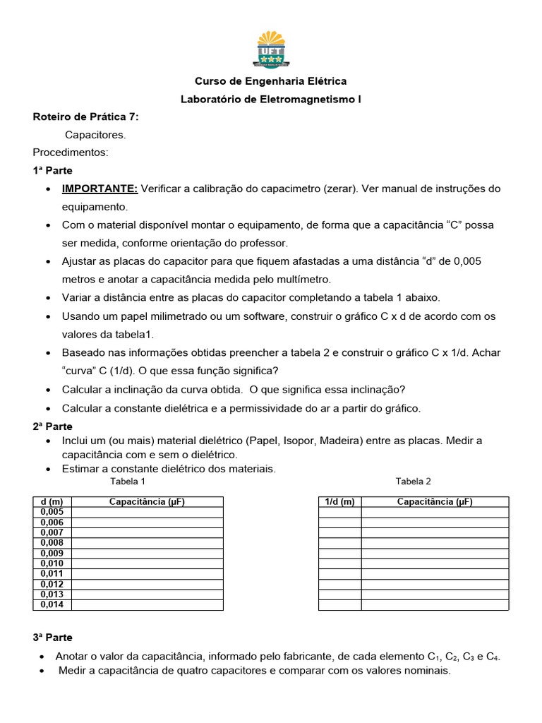 Experimento 7 - Capacitores | PDF | Capacidade elétrica | Capacitor