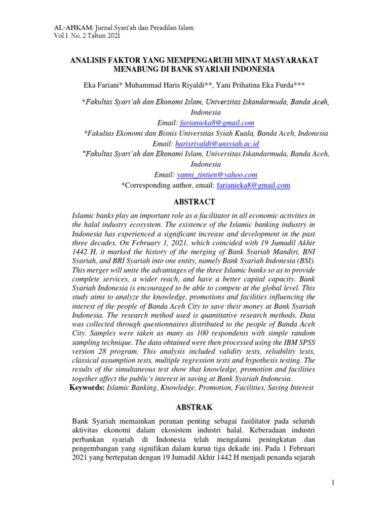 Analisis Faktor Yang Mempengaruhi Minat Masyarakat Menabung Di Bank Syariah Indonesia (Fariani ...