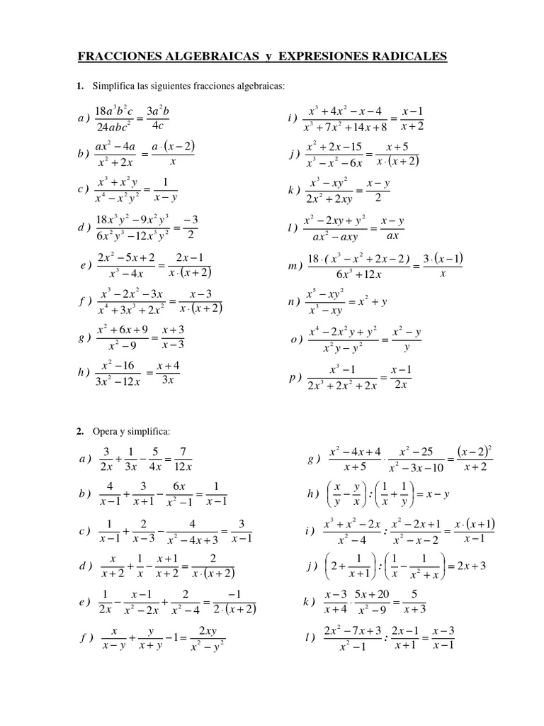 Ejercicios Fracciones Algebraicas y Expresiones Radicales | PDF