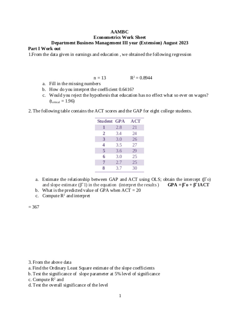 Econometrics Work Sheet Download Free Pdf Errors And Residuals Regression Analysis