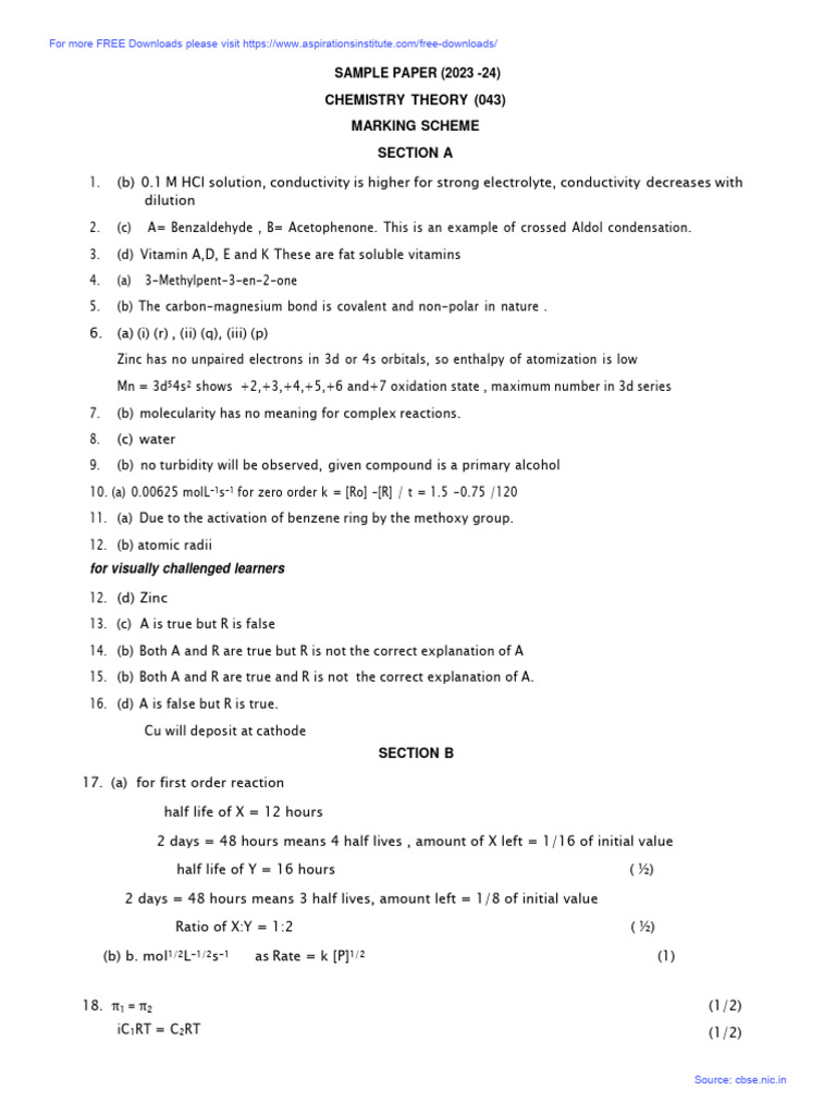 CBSE Sample Paper 2024 Class 12 Chemistry MS | PDF | Chemistry ...