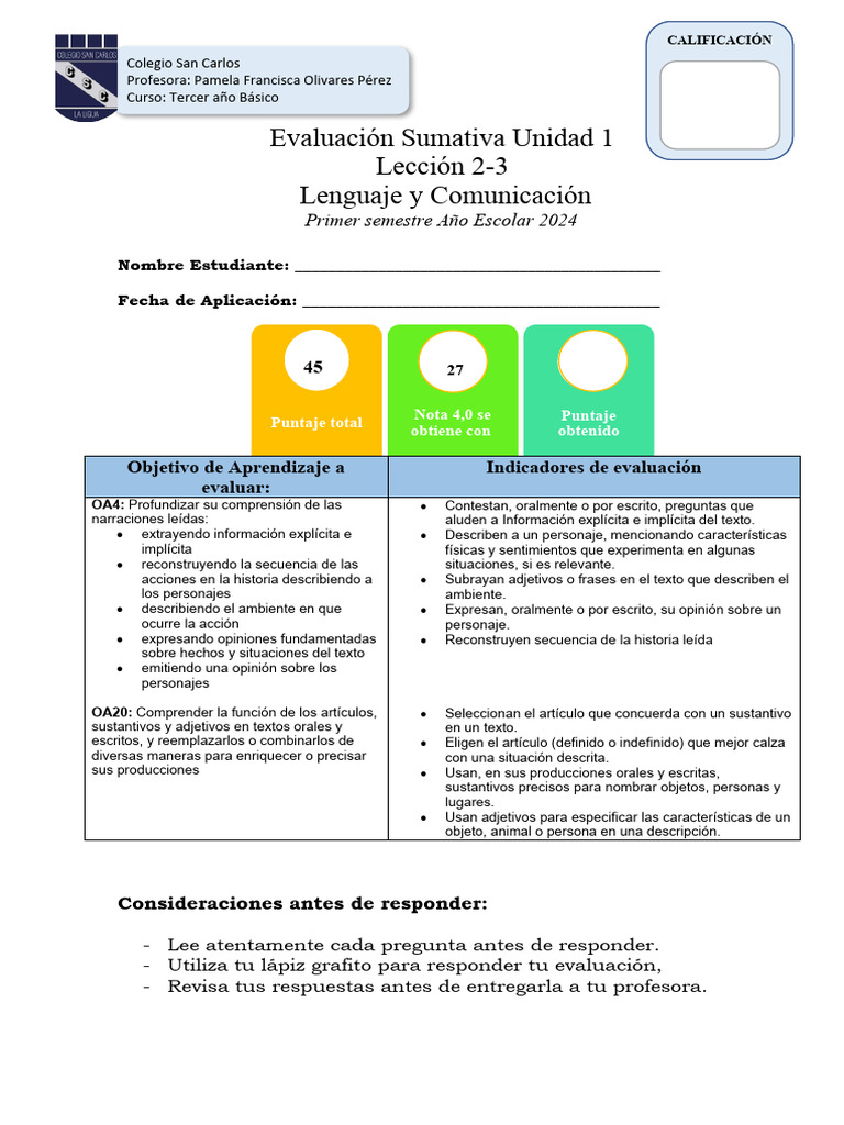 Evaluación Sumativa Unidad 1 Leccion 3-4 | PDF | Adjetivo | Evaluación
