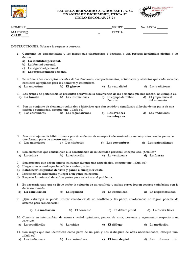 Ex Ética 9° Dic Respuestas | PDF | Mediación | Derechos humanos