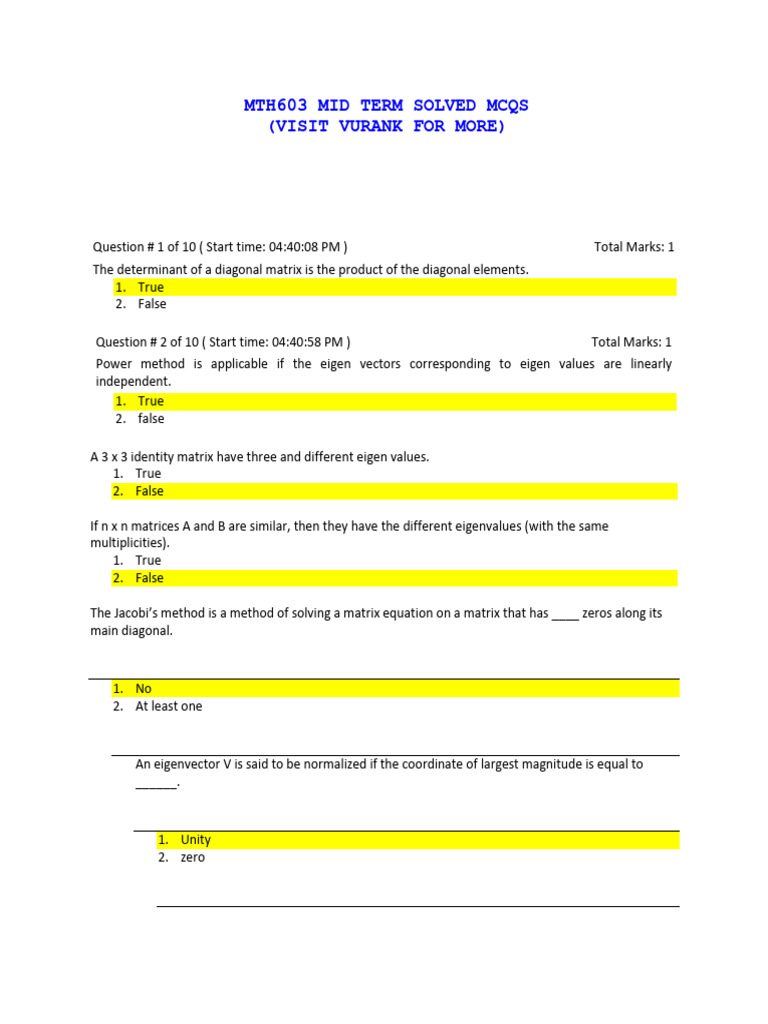 MTH603 MID TERM SOLVED MCQS Downloaded From Vurank | PDF | Eigenvalues And Eigenvectors | Integral