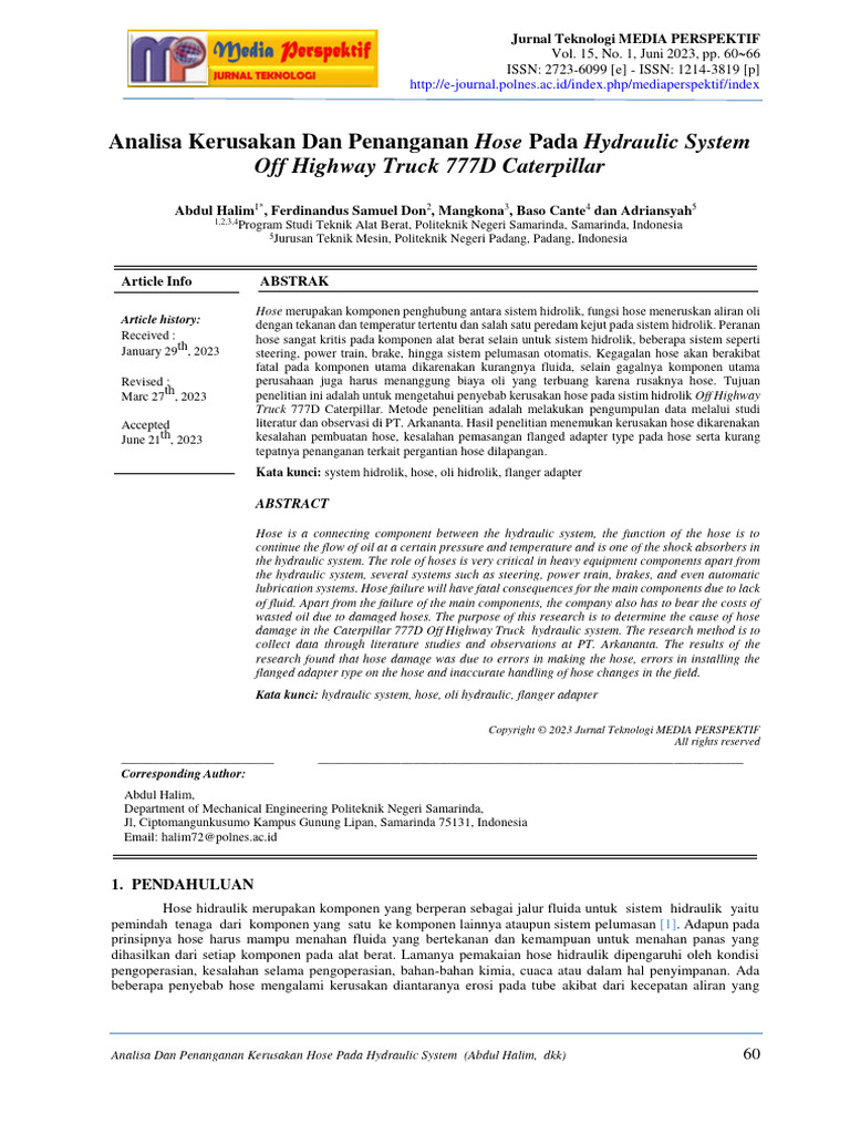 Analisa Kerusakan Dan Penanganan Hose Pada Hydraulic System | PDF