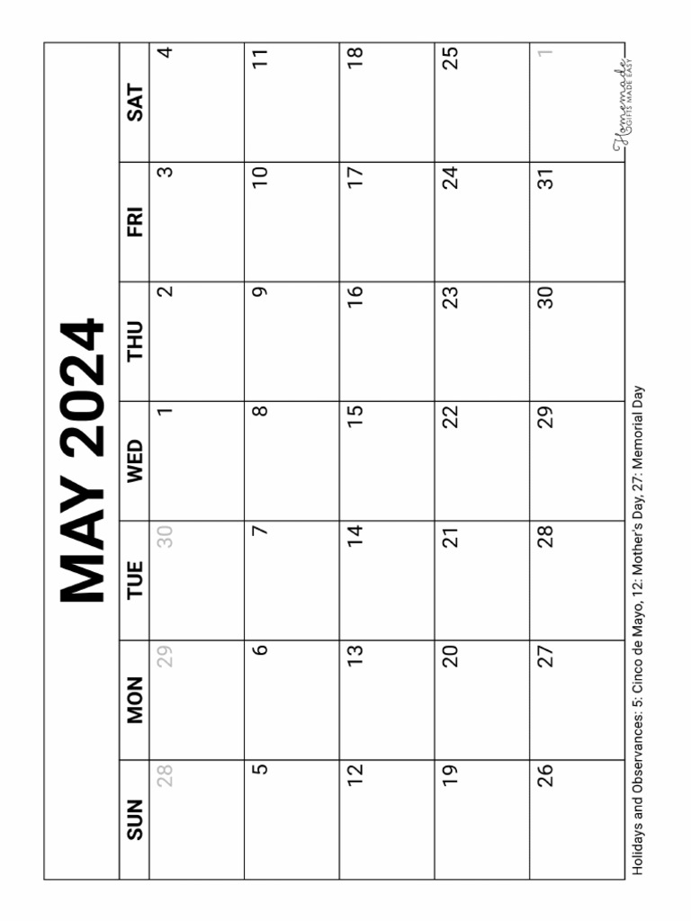 May Calendar 2024 Printable Blank | PDF