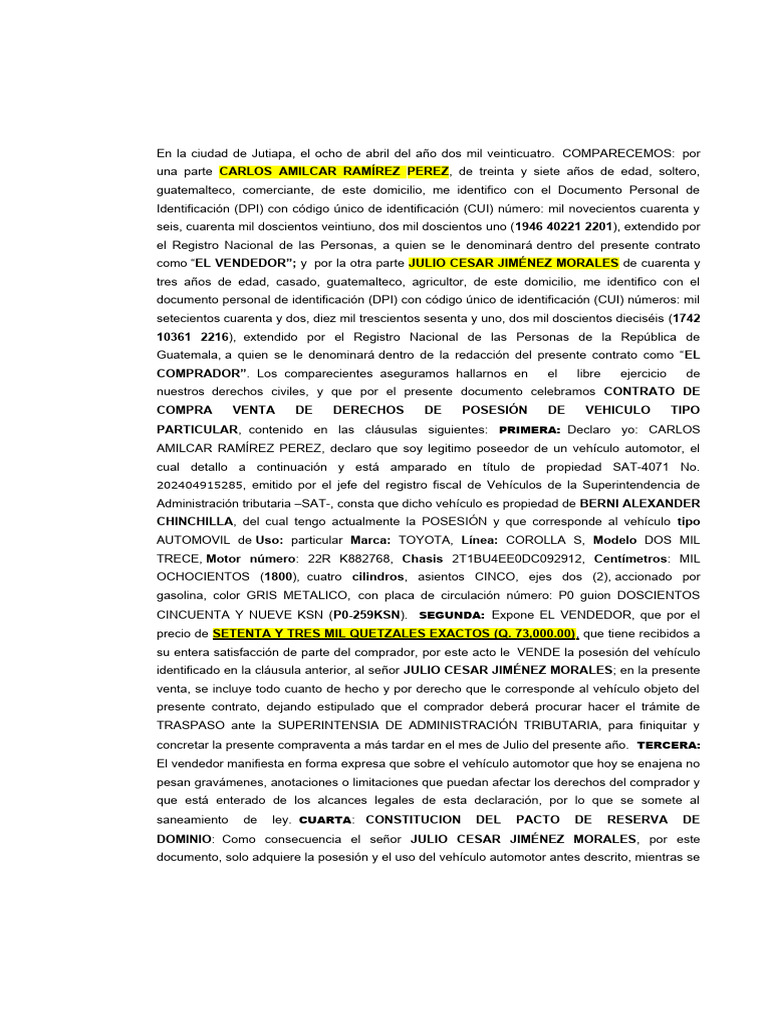 Contrato de Compra Venta de Vehiculo Automotor - Posesion - Carlos ...