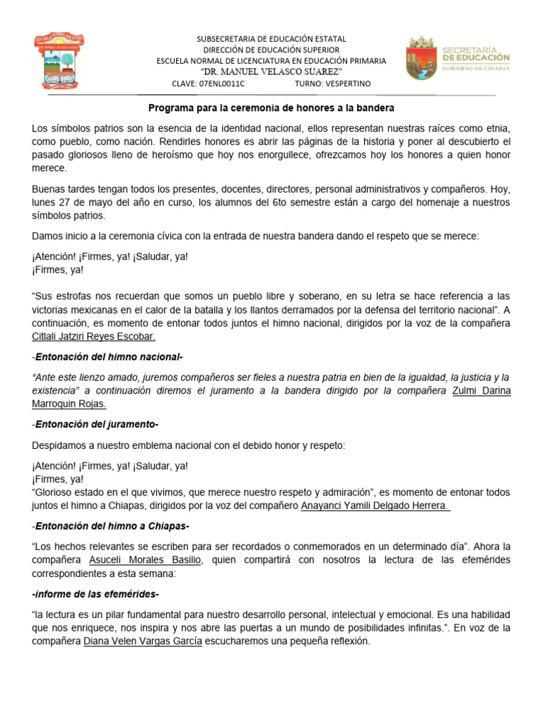 Programa para La Ceremonia de Honores A La Bandera | PDF