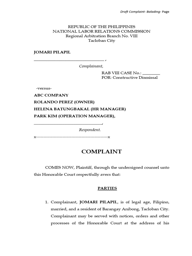 Labor law-COMPLAINT | PDF | Complaint | Employment