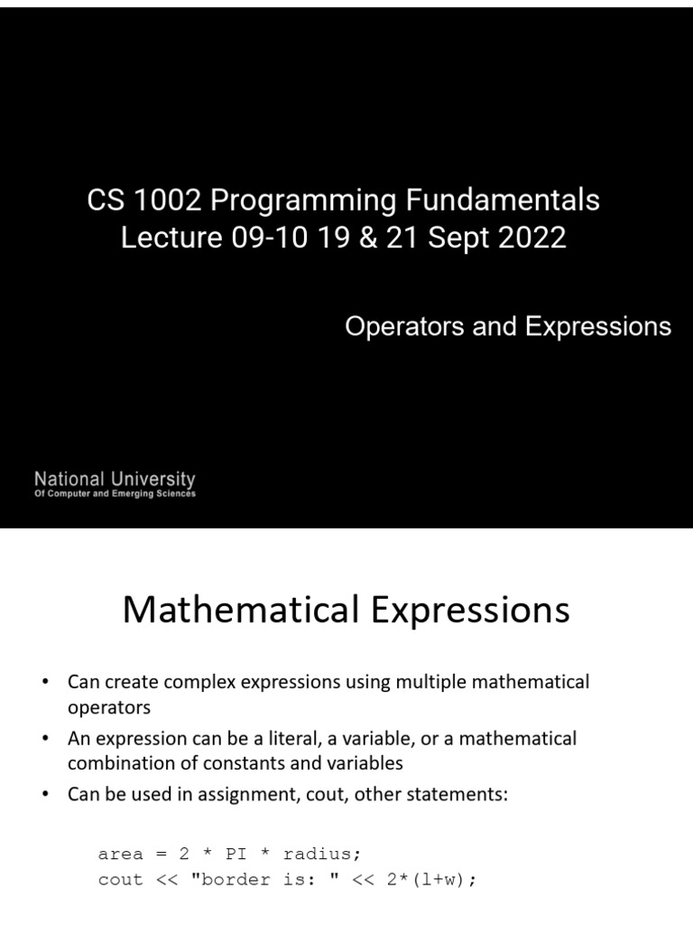 PF - Lecture 09-10 Operators and Expressions | PDF | Trigonometric Functions | Computing