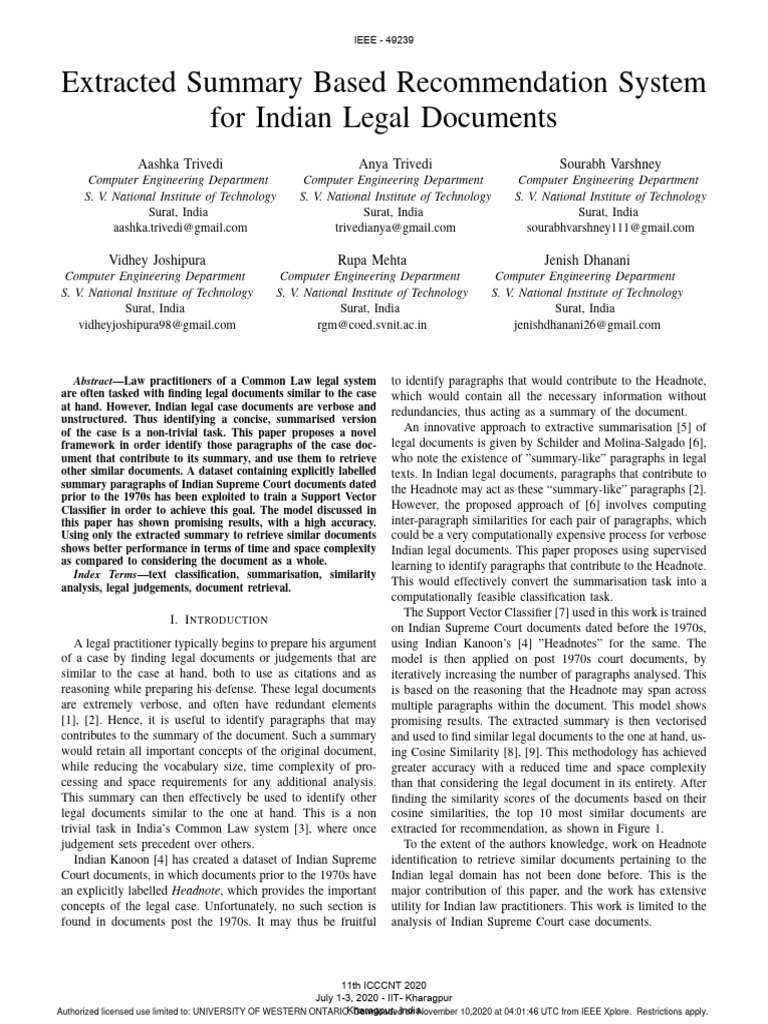 Extracted Summary Based Recommendation System For Indian Legal Documents Pdf Support Vector