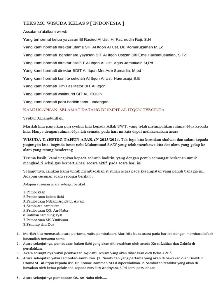 Teks MC Wisuda Tahfidz Indonesia | PDF
