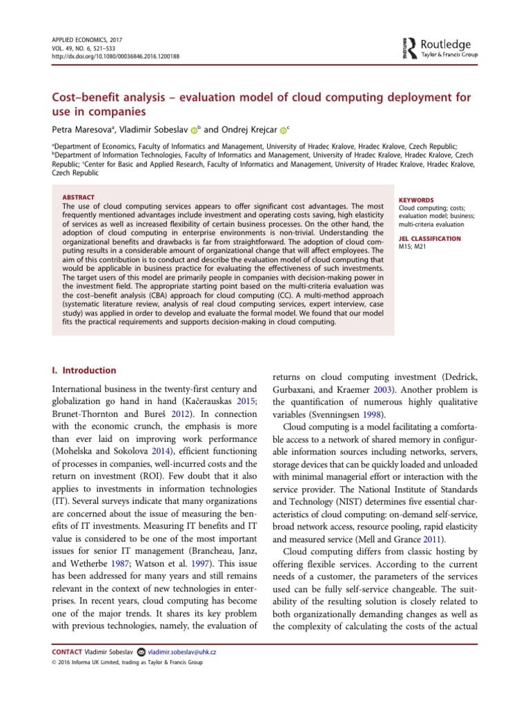 Cost–benefit analysis – evaluation model of cloud computing deployment ... Cost–benefit analysis – evaluation model of cloud computing deployment ...