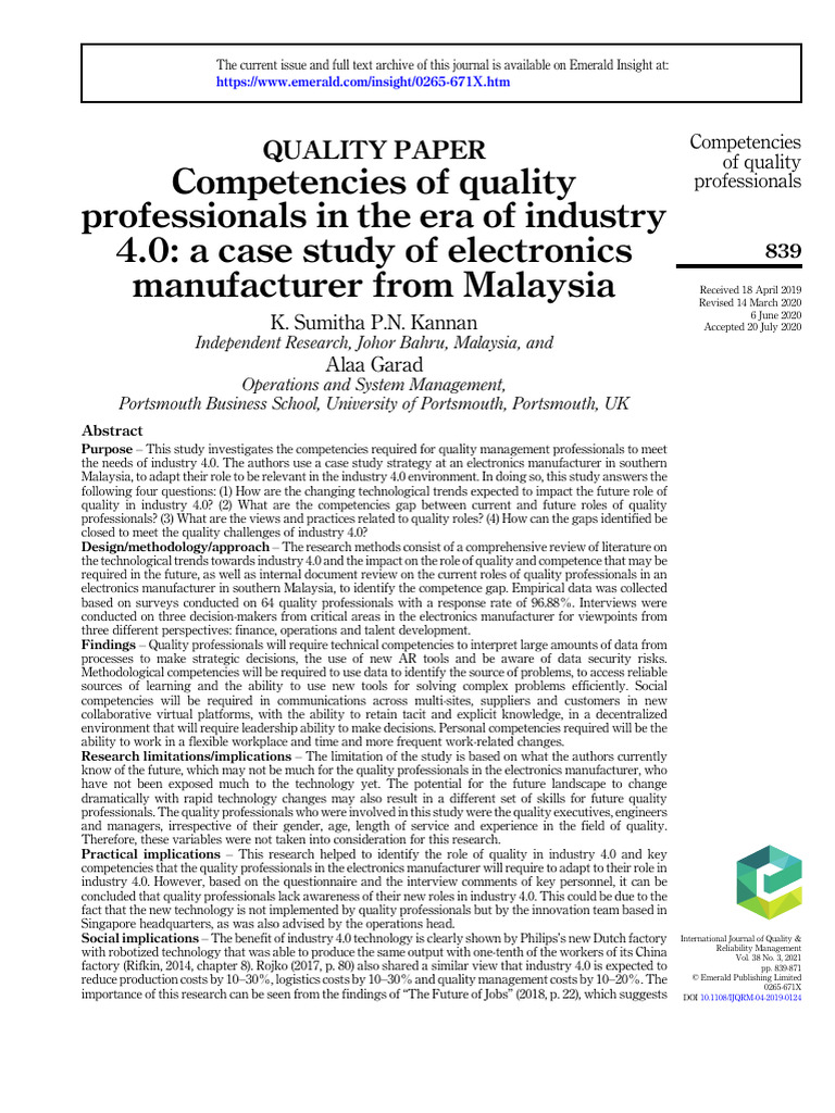 Competencies of quality professionals in the era of industry 4.0-IMP ...
