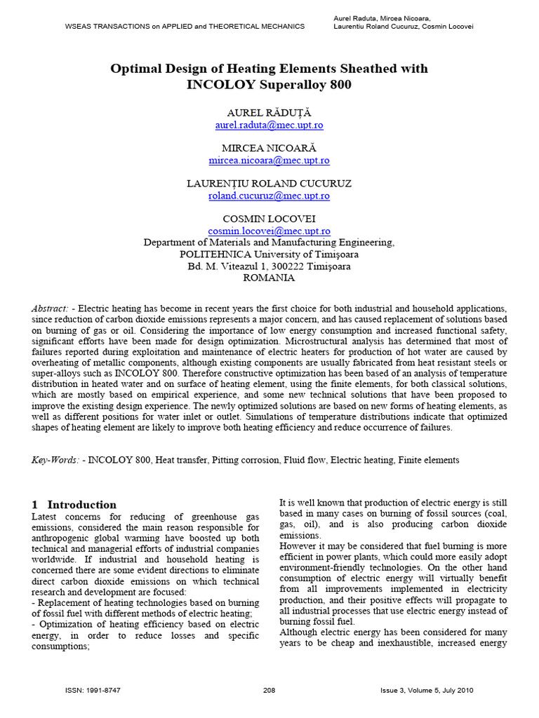 Optimal Design of Heating Elements Sheathed With INCOLOY Superalloy 800 ...