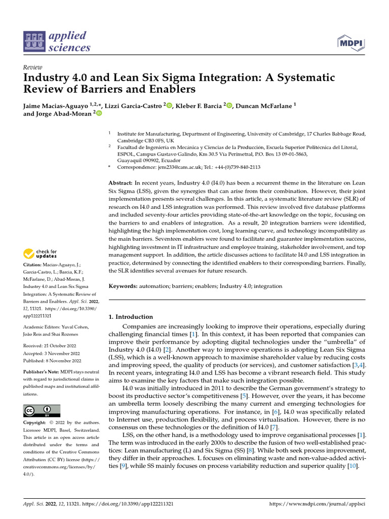 Industry 4.0 and Lean Six Sigma Integration A Systematic Review of Barriers and Enablers | PDF ...