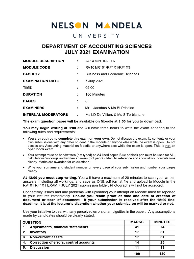 Accounting 1A July 2021 Exam Paper | PDF | Expense | Bookkeeping