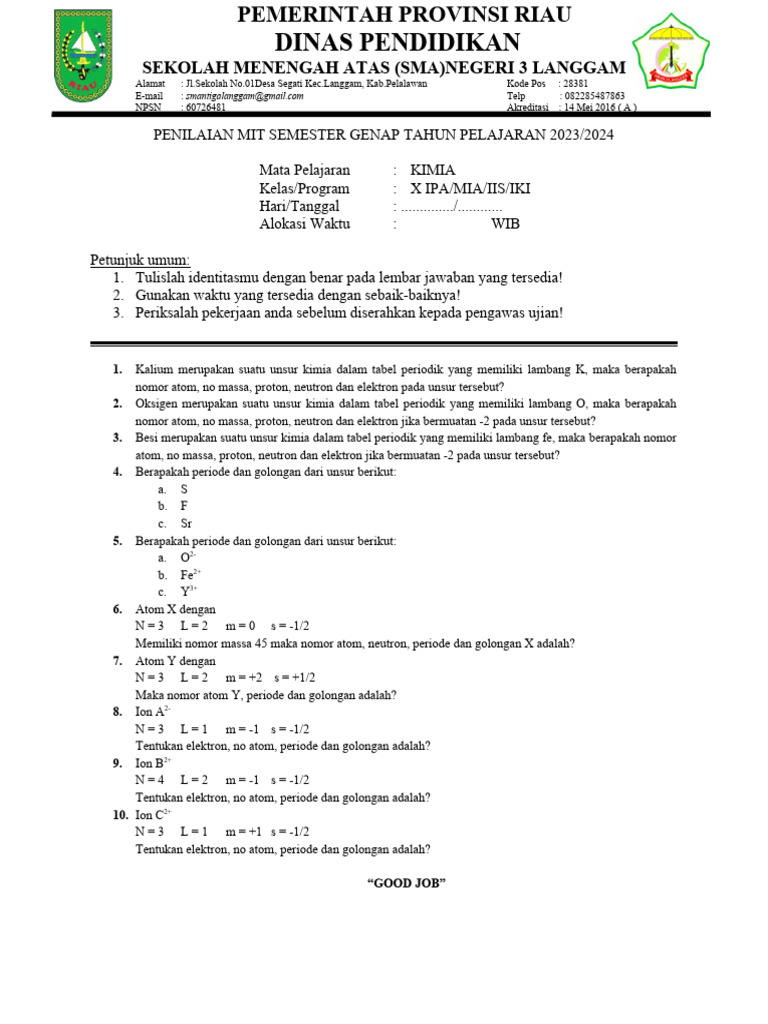 Soal Kimia Kelas 10 Mit SMT Genap 2023 2024 | PDF | Metode & Bahan Ajar | Sains & Matematika