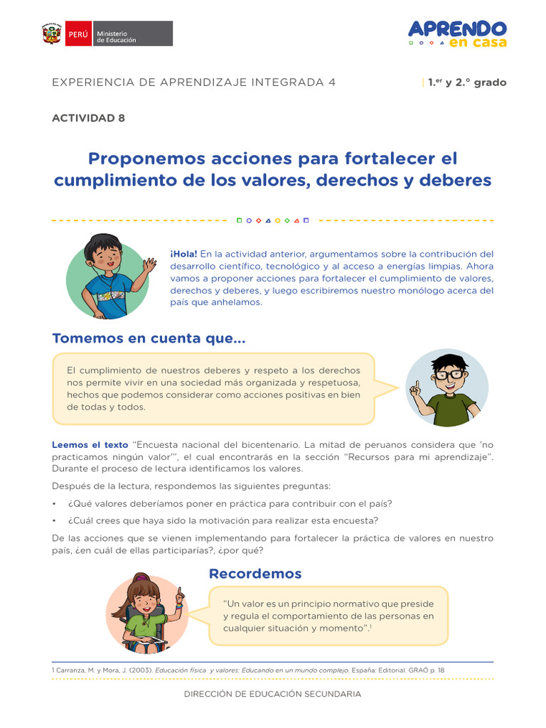 Exp4-1y2-Act 08 Derechosdeberesyvalores | PDF | Perú | Aprendizaje