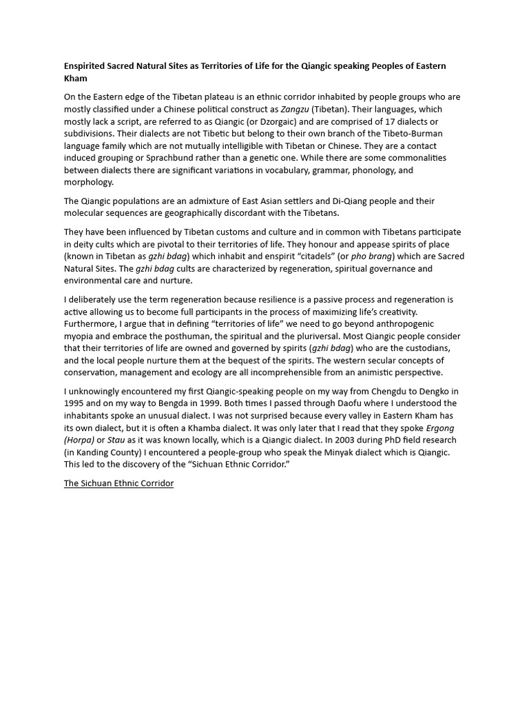 Enspirited Sacred Natural Sites As Territories of Life of The Qiangic ...