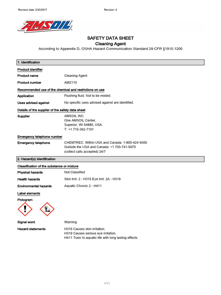 Cleaning Agent AM2110 SDS US | PDF | Hazards | Occupational Safety And ...