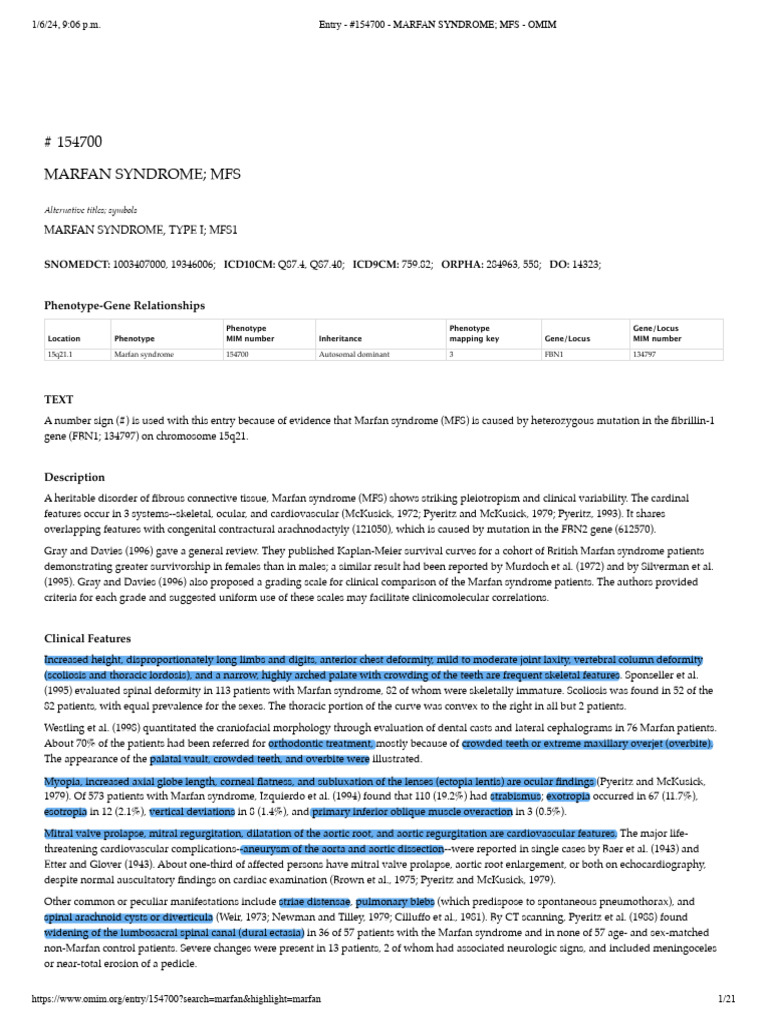 Marfan Syndrome MFS - Omim | PDF | Genetic Linkage