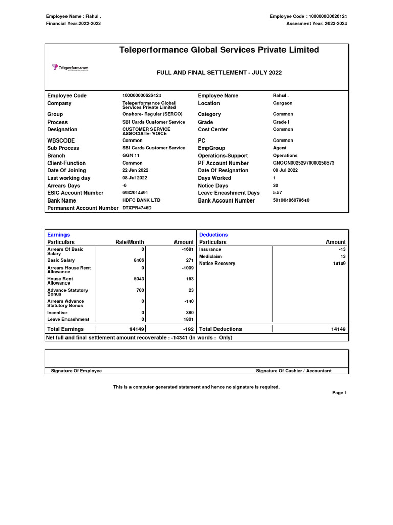 Teleperformance Global Services Private Limited: Full and Final ...