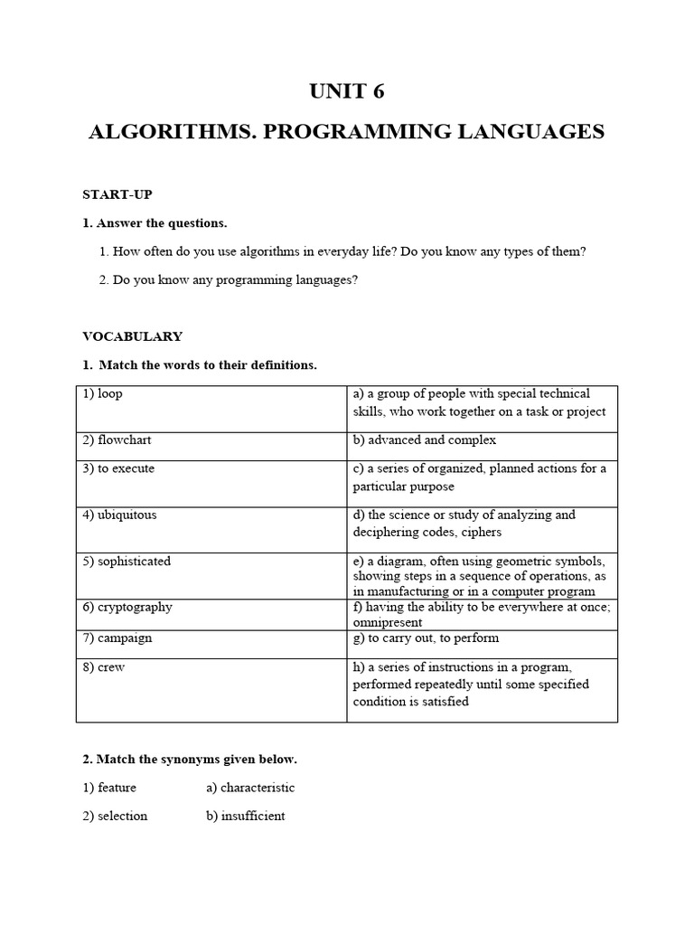 Unit 6 Algorithms. Programming Languages: Start-Up 1. Answer The Questions | Download Free PDF ...