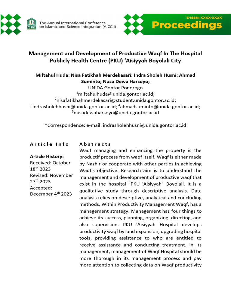 Management and Development of Productive Waqf in The Hospital Publicly Health Centre (PKU ...