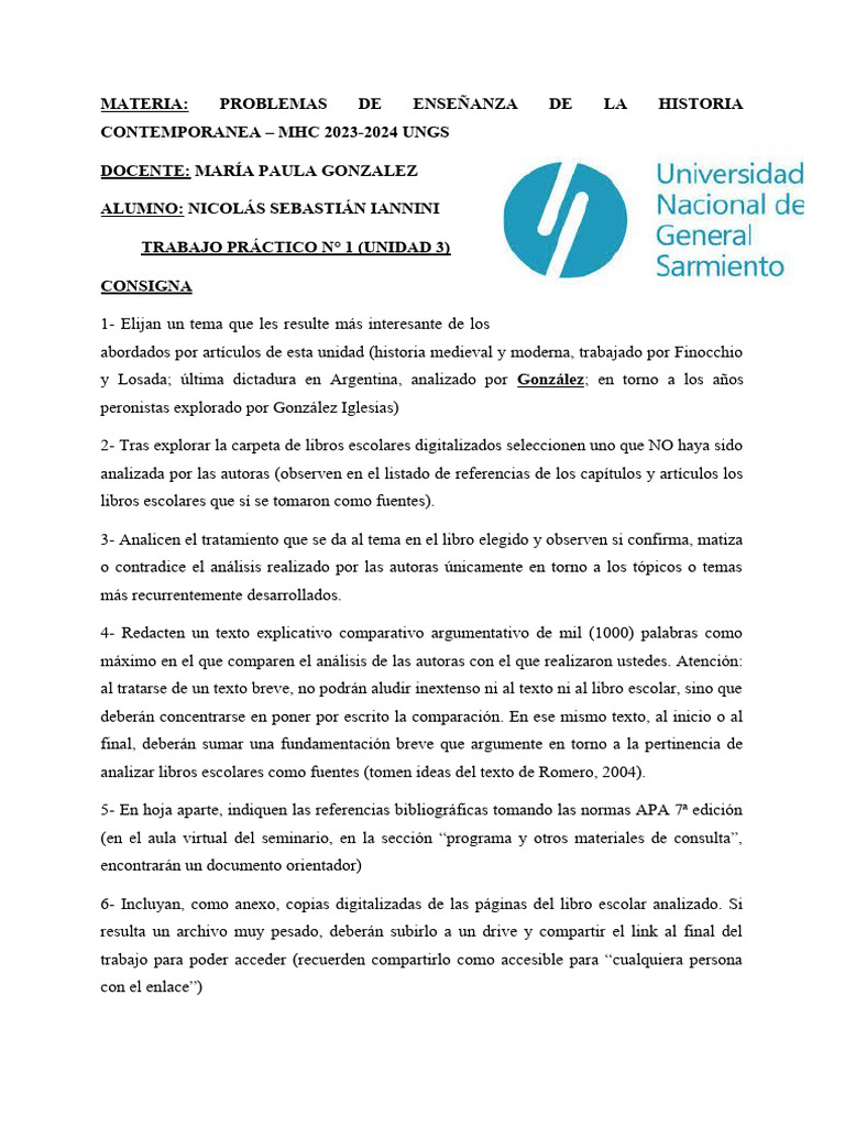 Trabajo Práctico 1 - Problemas de Enseñanza de La Historia Contemporanea | Descargar gratis PDF ...