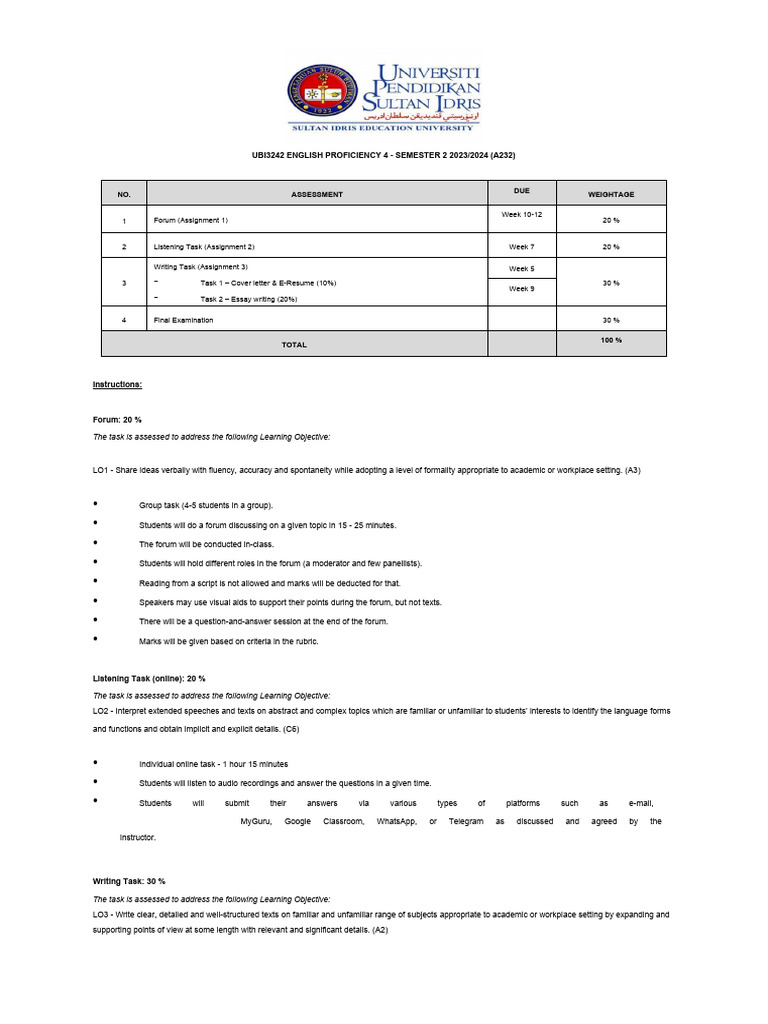 A232 UBI3242 - Assessment Details | PDF | Essays | Multiple Choice