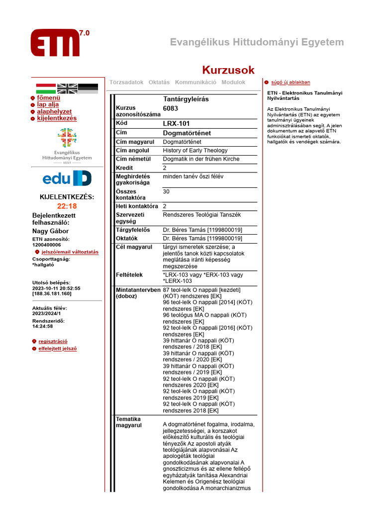 Dogmatörténet Tantárgyleírás EHE | PDF
