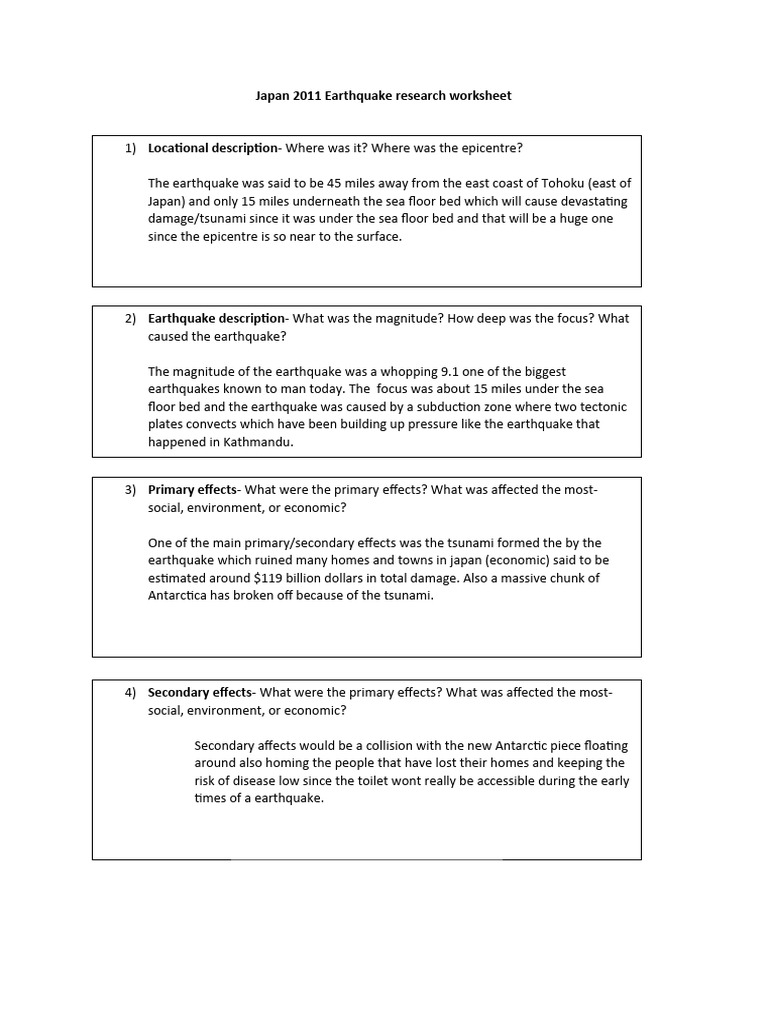 Japan 2011 Earthquake Research Worksheet | PDF