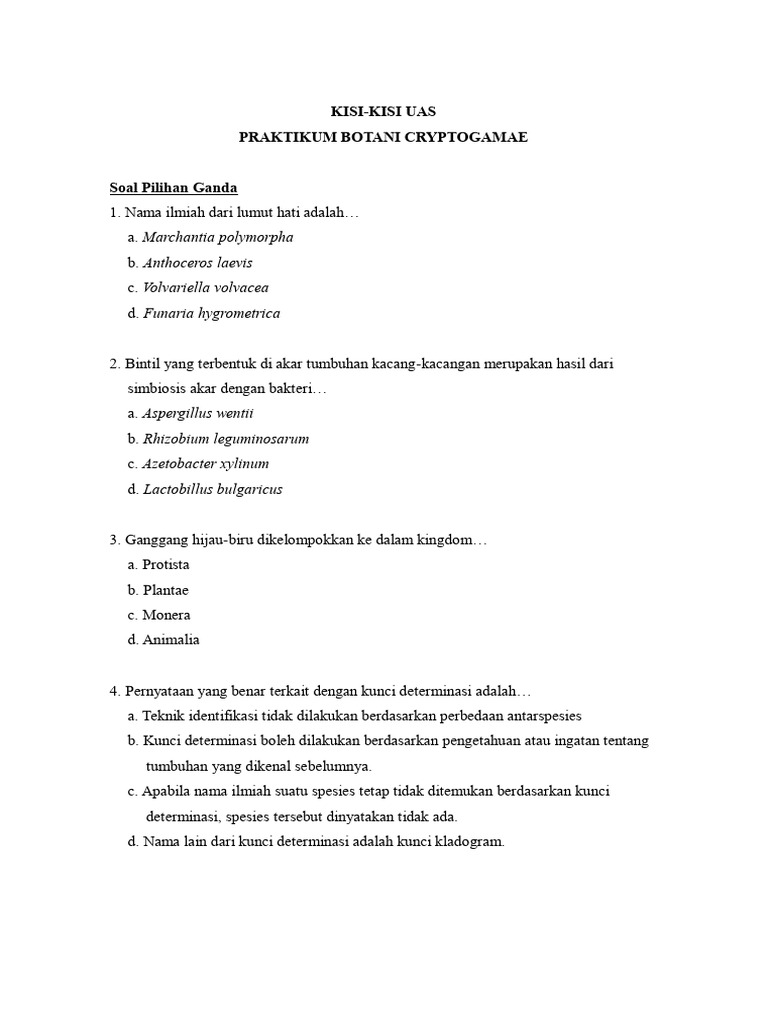 Kisi-Kisi UAS Praktikum Botani Cryptogamae | PDF | Griya & Taman | Kesehatan Holistik