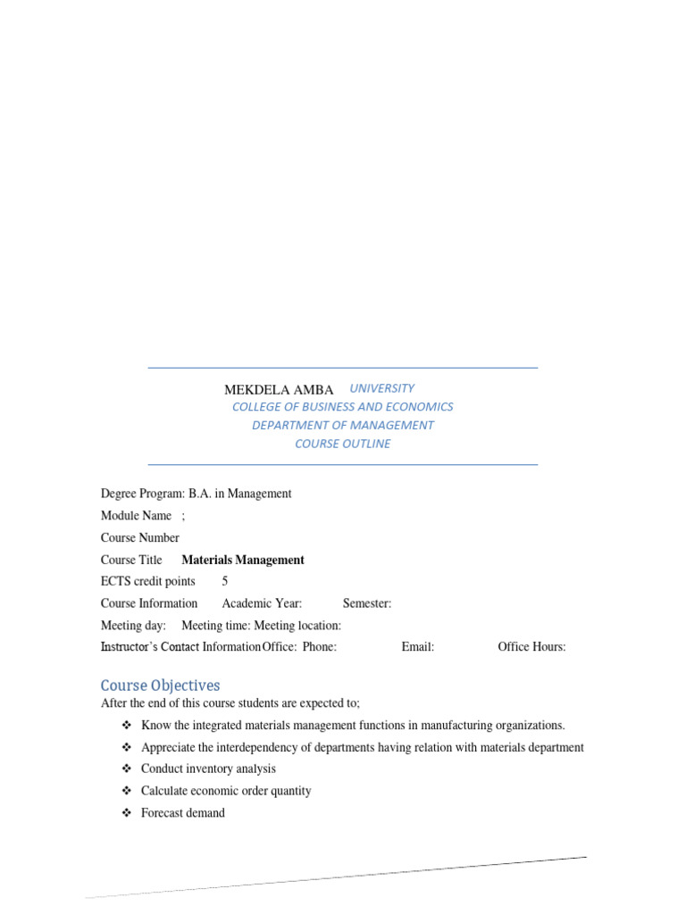 Materials Management Course Outline | PDF | Logistics | Lean Manufacturing