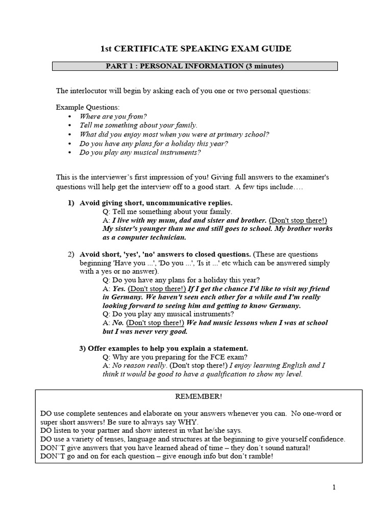 Fce Speaking Exam Guide | PDF | Question | English Language