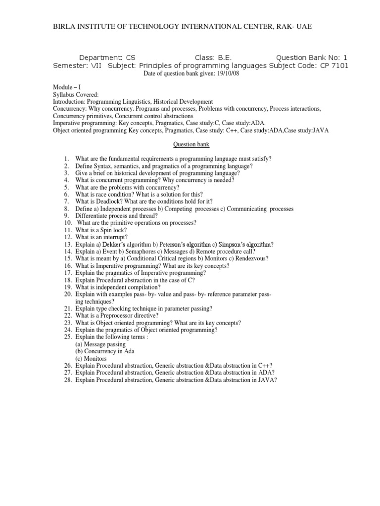 Principles Of Programming Languages Question Bank