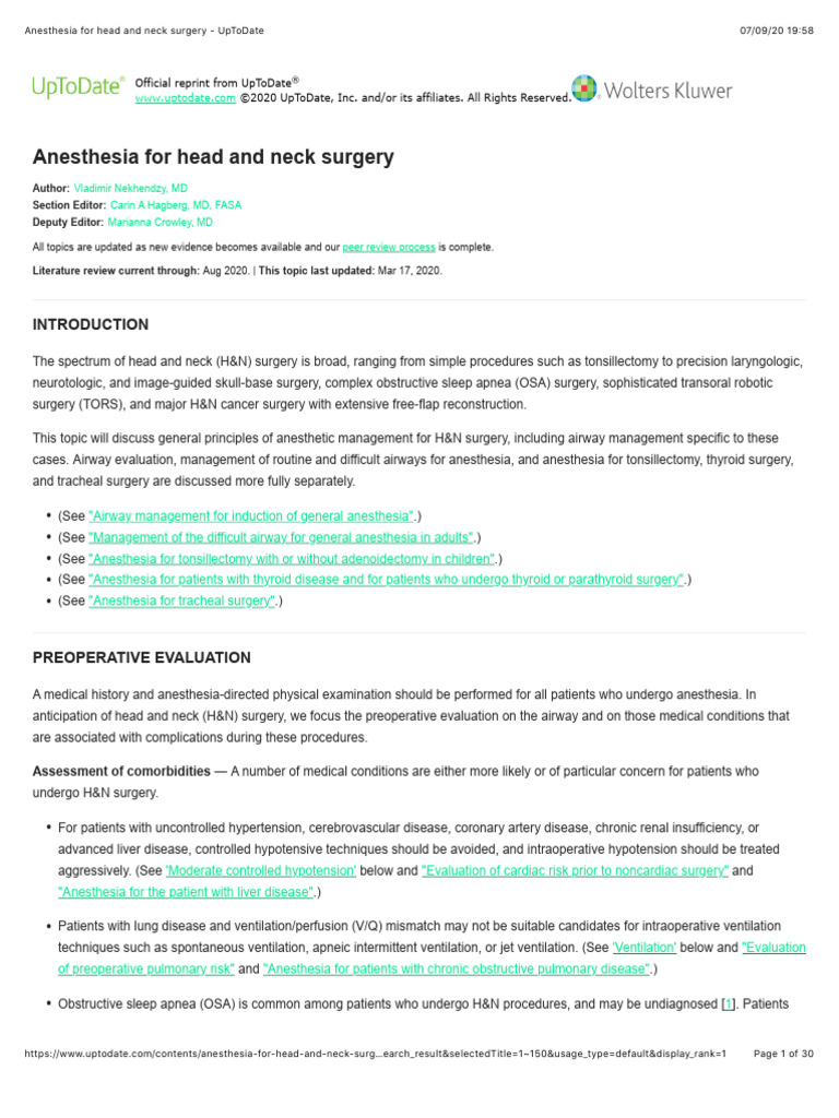 Anesthesia For Head and Neck Surgery - UpToDate | Download Free PDF ...