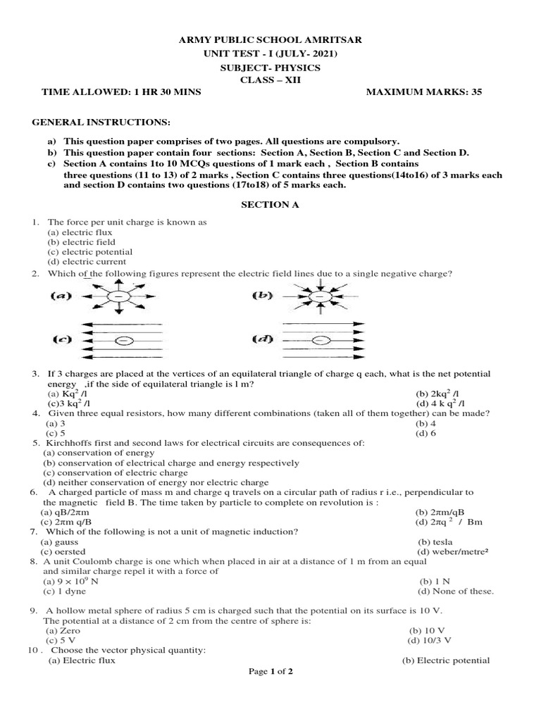 Xii Physics Ut I (July 2021) | PDF | Electric Field | Magnetic Field