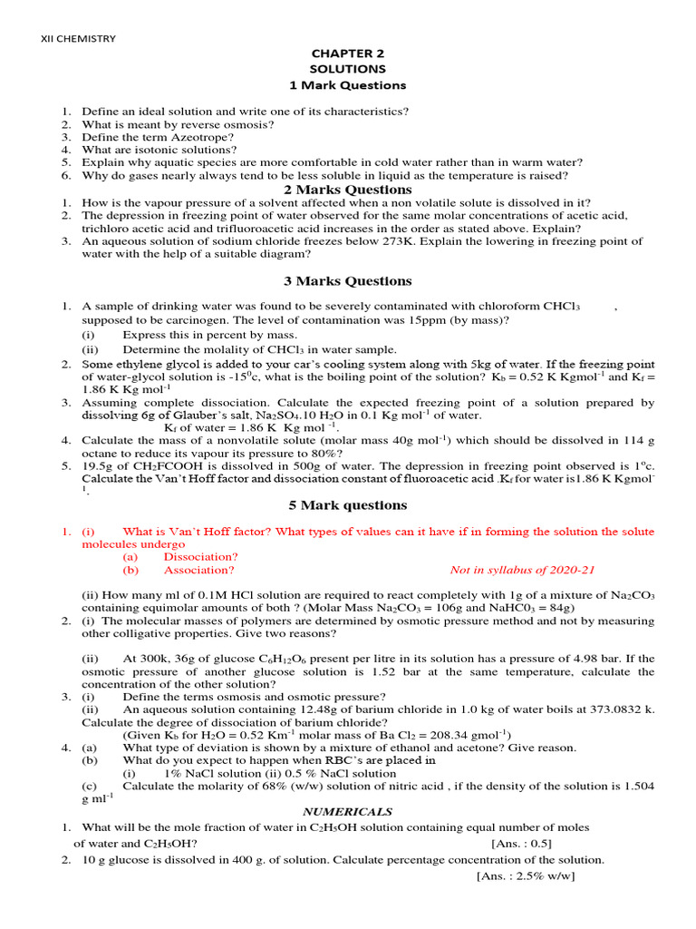 Unit 2 Solution Imp Questions | PDF | Mole (Unit) | Water