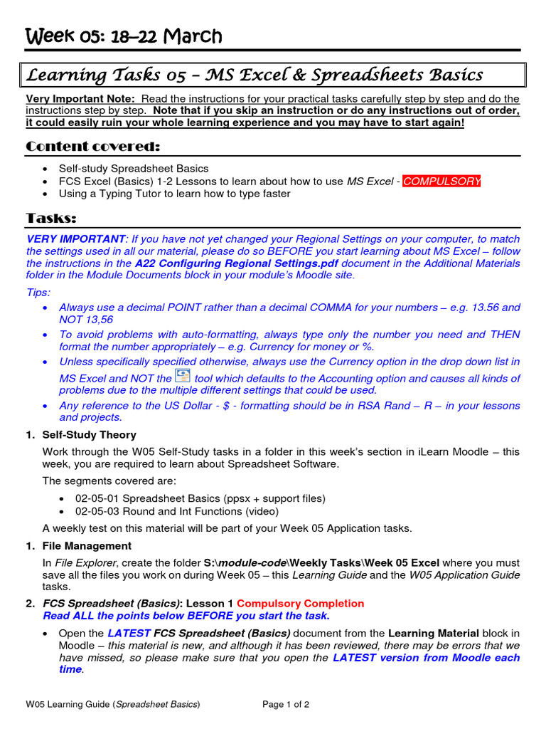 W05 Learning Guide (Spreadsheet Basics) | PDF | Microsoft Excel | Spreadsheet
