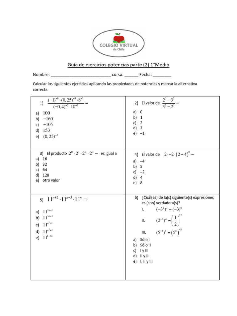 10-U1-1m-Matemática-Práctico - Potencias Base Racional Ii | PDF ...