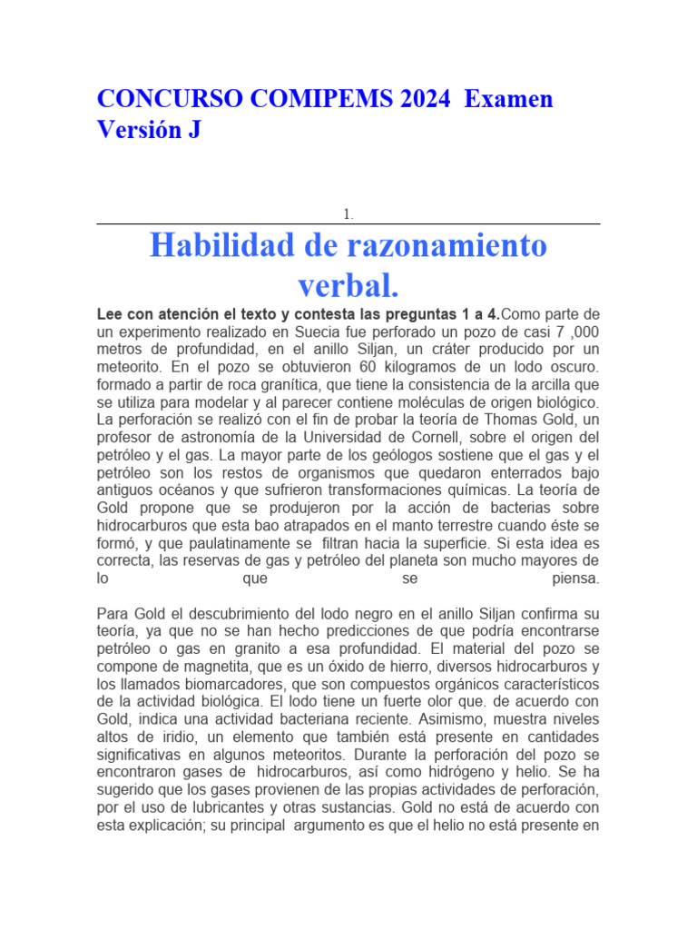Examen COMIPEMS 2024: Versión J | PDF | Petróleo | México