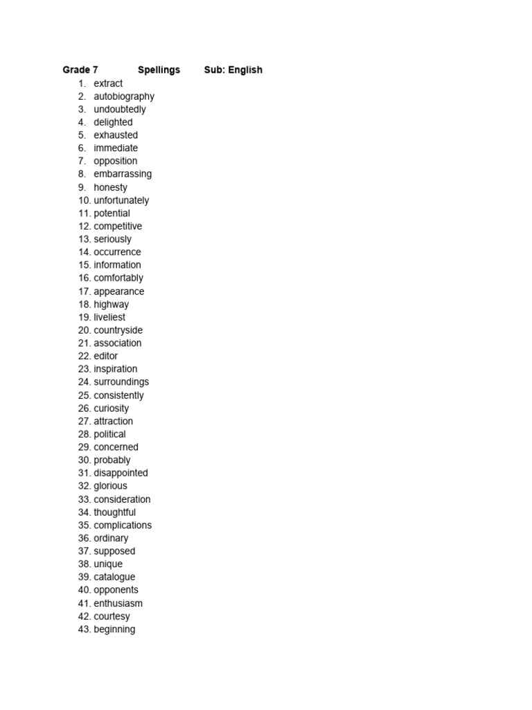 Grade 7 Spellings | PDF | Young Adult | General Fiction