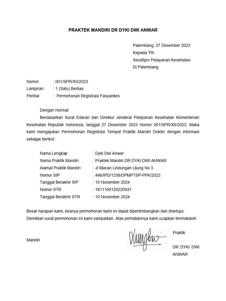 Permohonan Registrasi Fasyankes Dr. Dyki | PDF